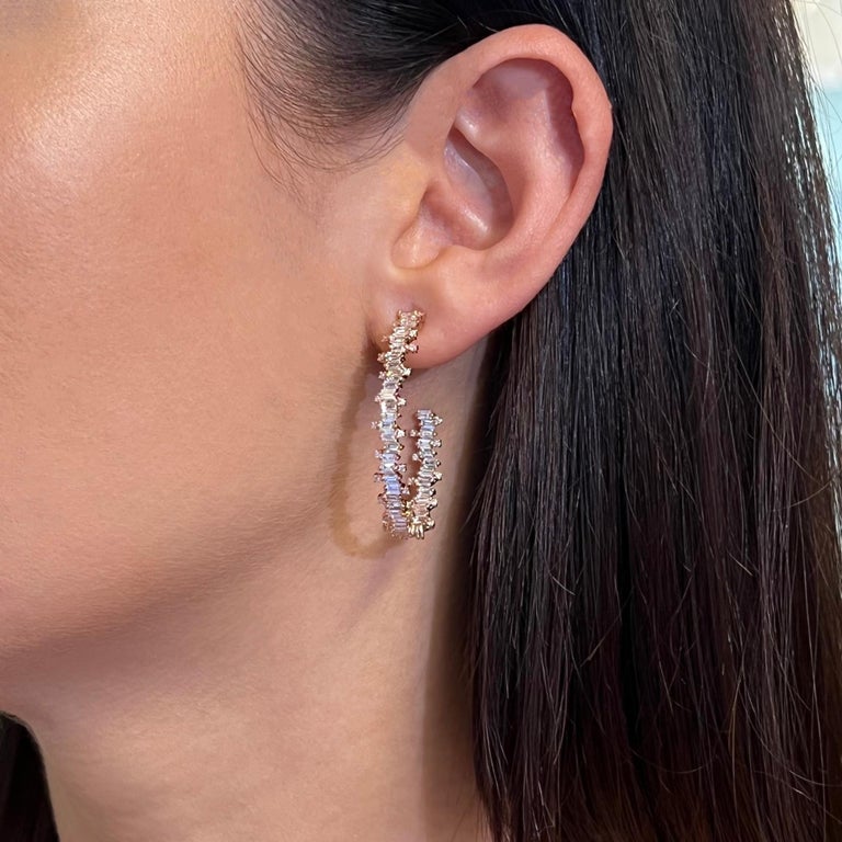 3.00Cttw Inside Out Baguette and Round Cut Diamond Hoop Earrings 18K ...