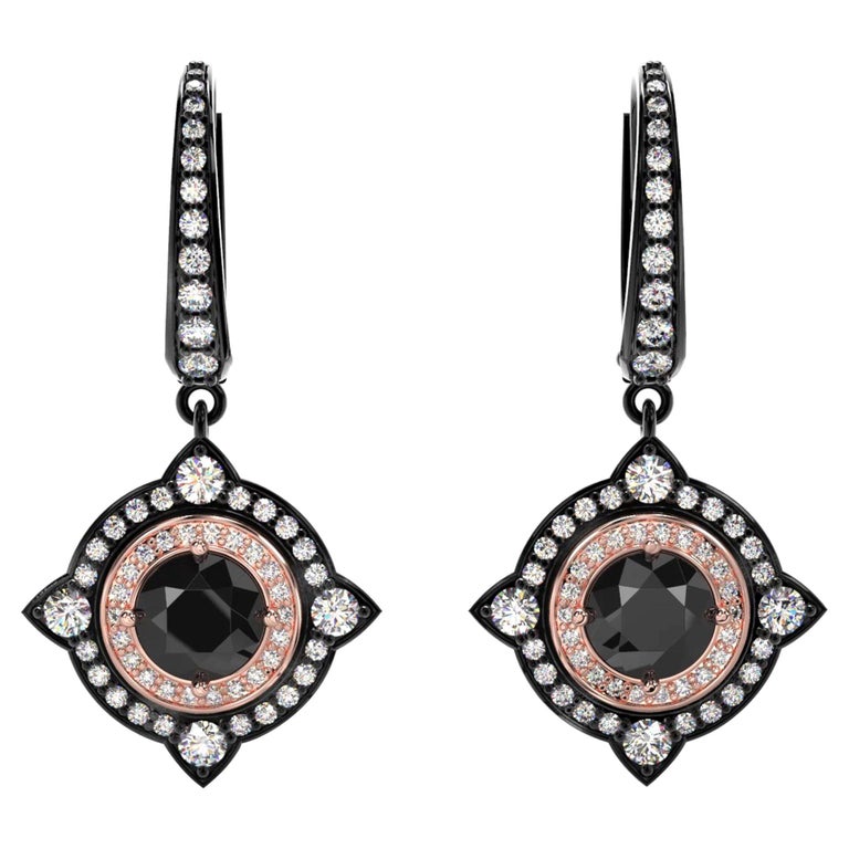 3.01 Carat Total Black Diamond Dangle Two-Tone Earrings in 14 Karat For ...