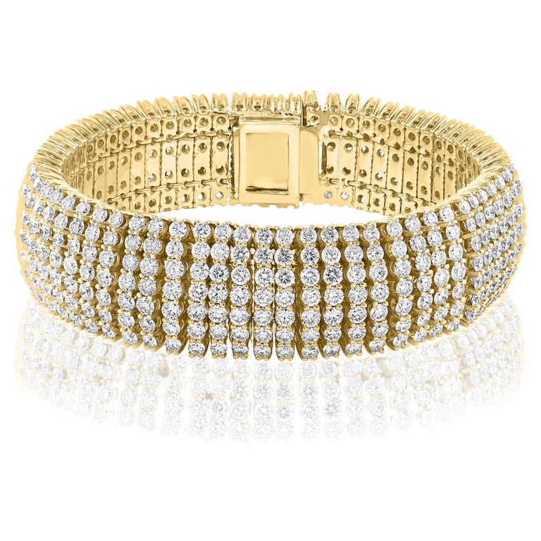30.18 Carat Round Diamond Multi-Row Tennis Bracelet in 14K Yellow Gold For Sale at 1stDibs