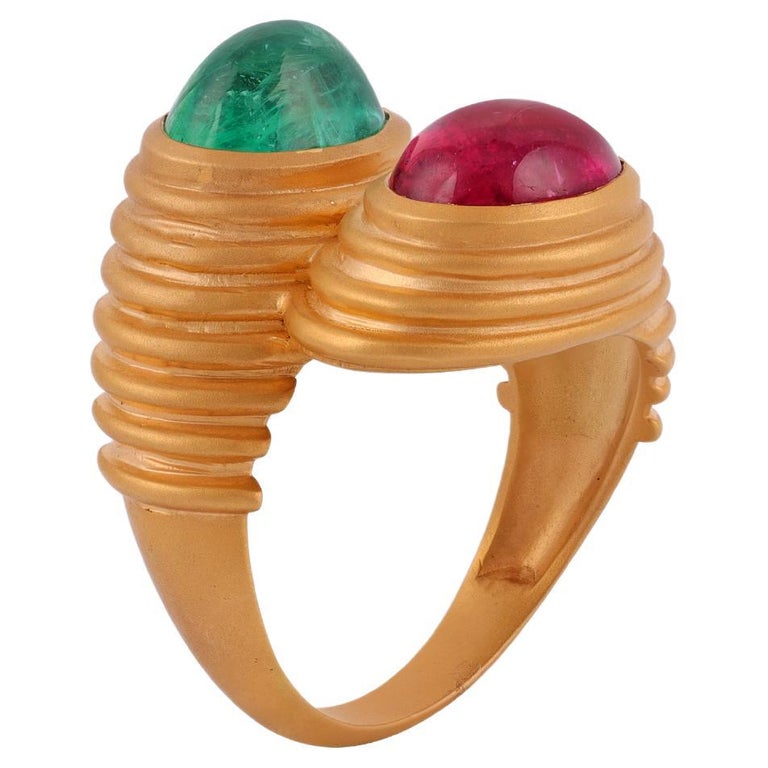 3.02 Carat Emerald and 3.07 Carat Ruby Light 2 Stone Ring in 18k Gold ...