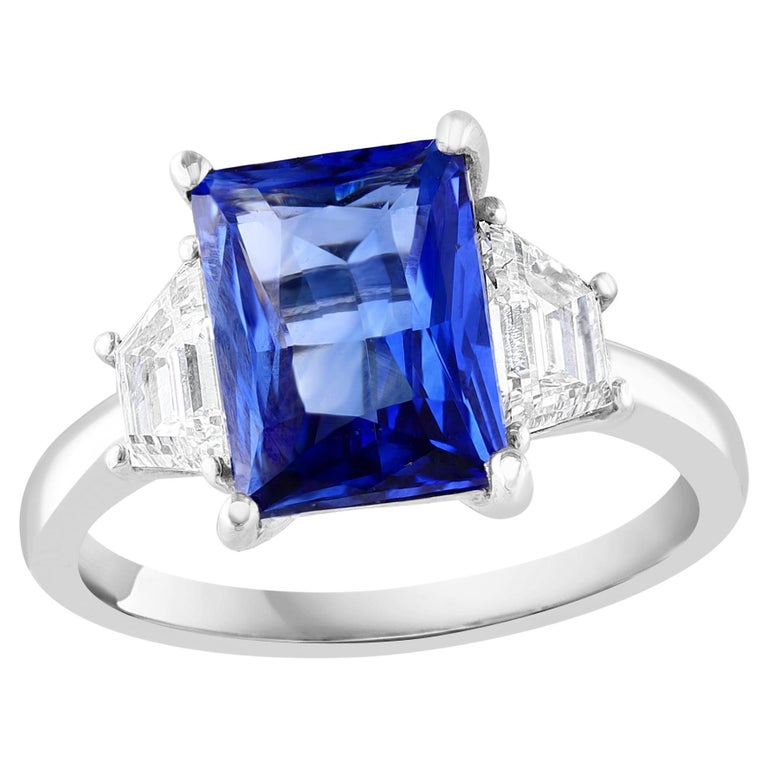 3.06 Carat Emerald Cut Blue Sapphire Diamond 3-Stone Engagement Ring in Platinum For Sale at 1stDibs