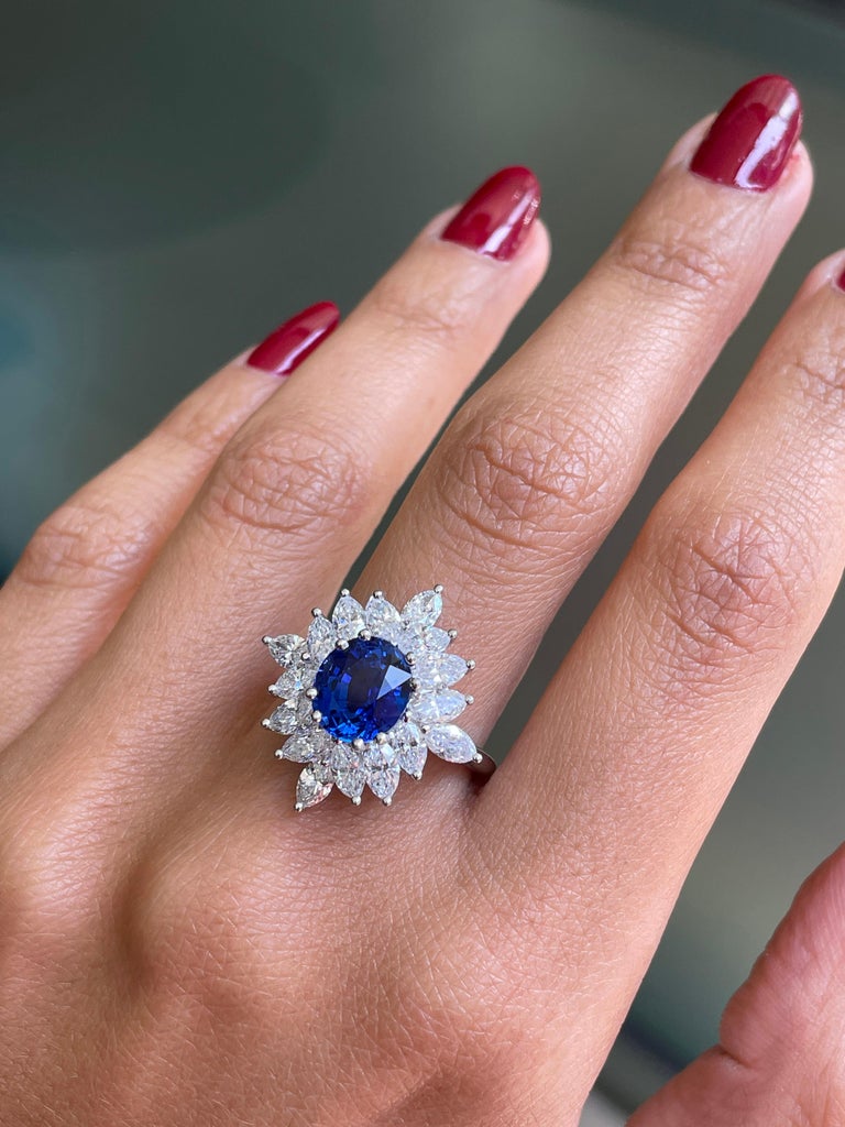 3.09 Carat Royal Blue Oval Sapphire and Diamond Platinum Cluster Ring ...