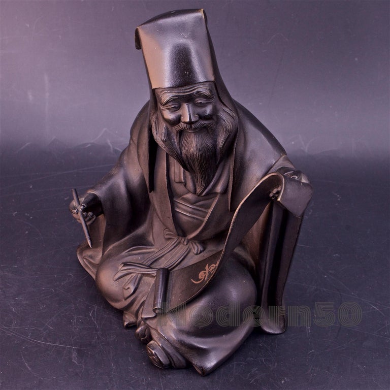 Bronze Sculpture Japanese Scholar Scroll Fukurokuju Inlay For Sale at ...