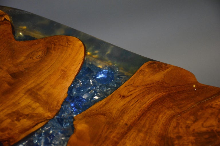 34” x 54” Live Edge Glass Inlaid Dining Console Table For Sale at 1stDibs