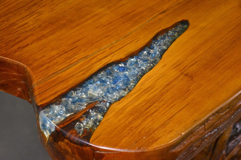 34” x 54” Live Edge Glass Inlaid Dining Console Table For Sale at 1stDibs