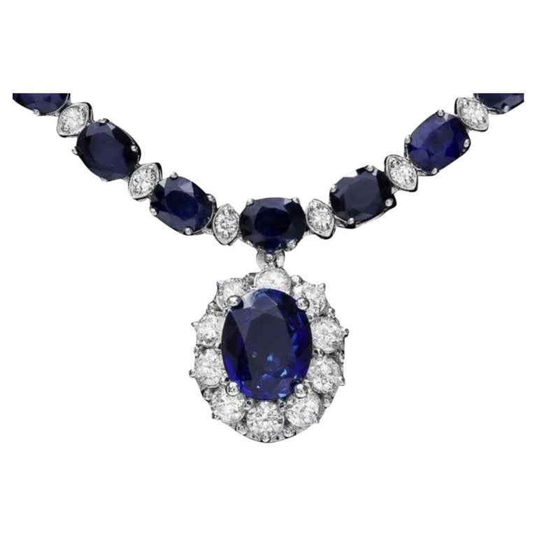 31.10Ct Natural Sapphire and Diamond 14K Solid White Gold Necklace For ...