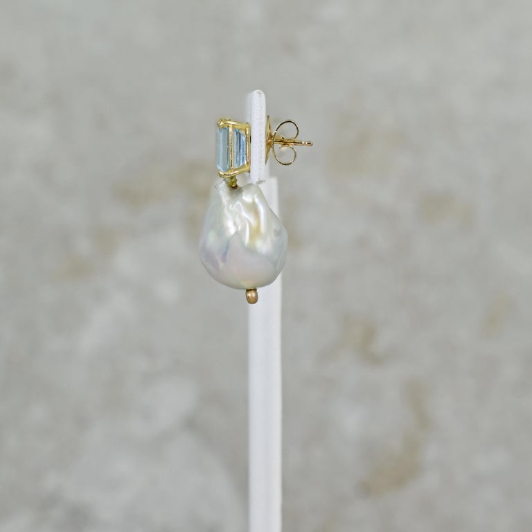 3.12 Carat Aquamarine Freshwater Baroque Pearl 14 Karat Gold Stud Drop ...