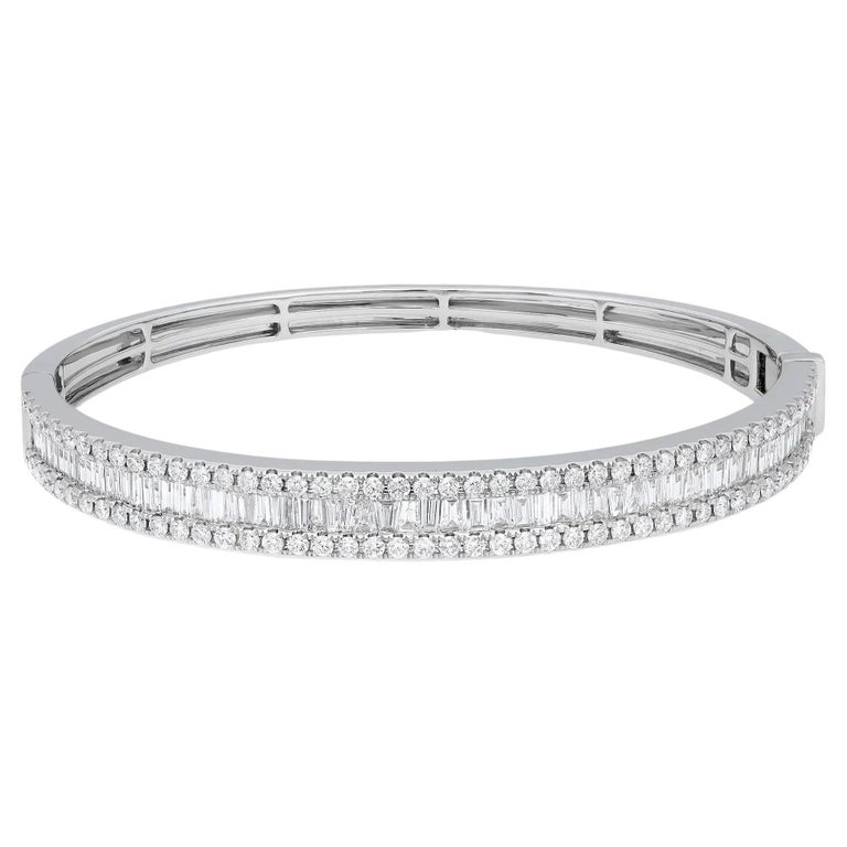3.12Cttw Baguette and Round Cut Diamond Bangle Bracelet 18K White Gold ...