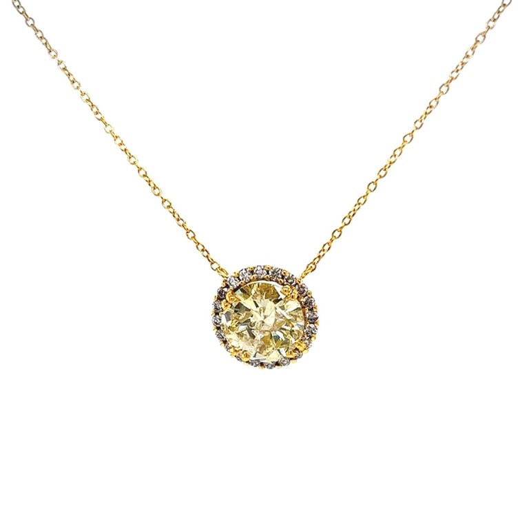 3.15 Carat Fancy Yellow Natural Round Diamond 18K Gold Pendant Necklace ...