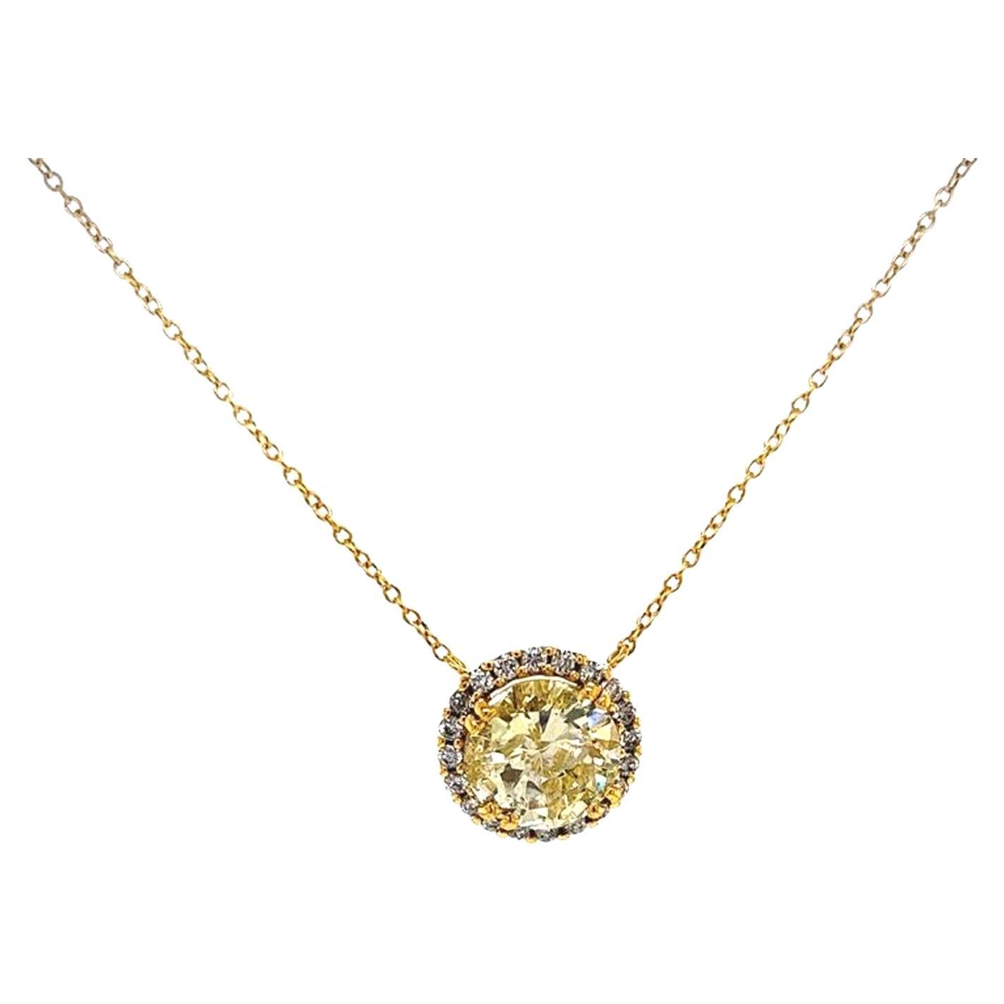 3.15 Carat Fancy Yellow Natural Round Diamond 18K Gold Pendant Necklace ...