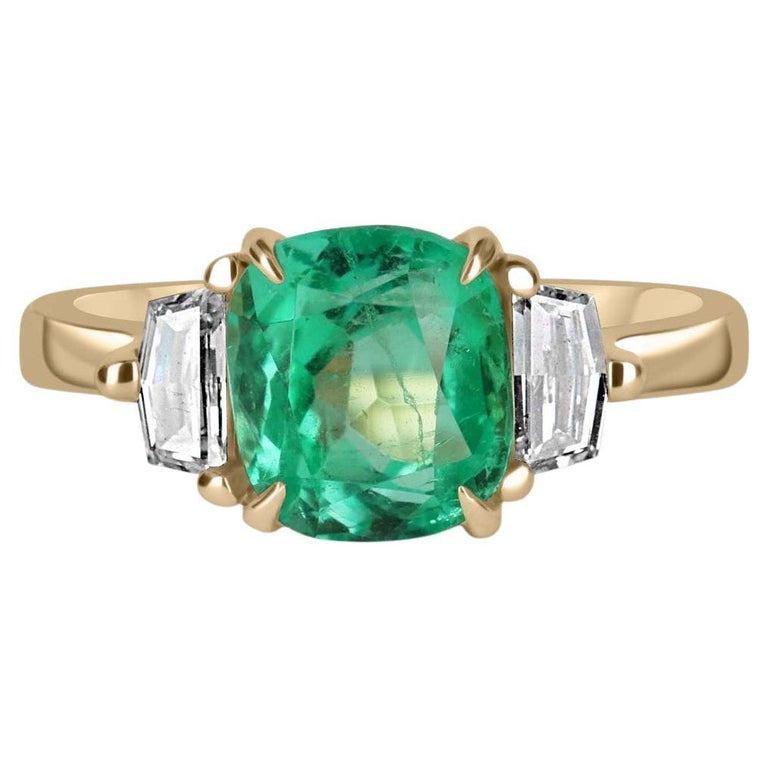 3.17tcw 18K Three Stone Cushion Cut Emerald and Epaulette Diamond Ring ...