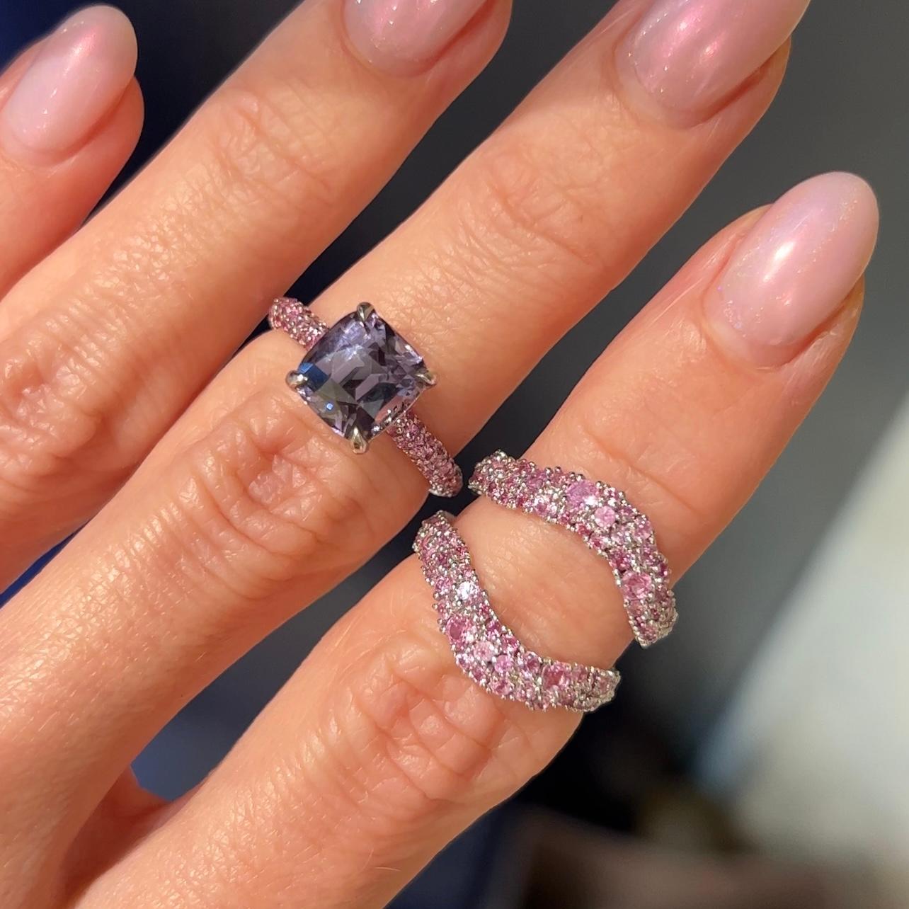 3.2 Carat Spinel Pink Sapphires 18 Karat White Gold Dual Rings "Embrace ...