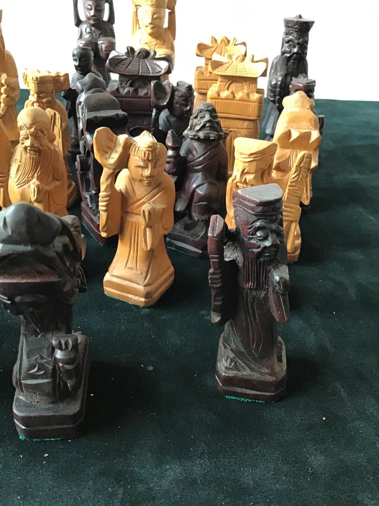 32 Hand Carved Wooden Asian Chess Pieces at 1stDibs