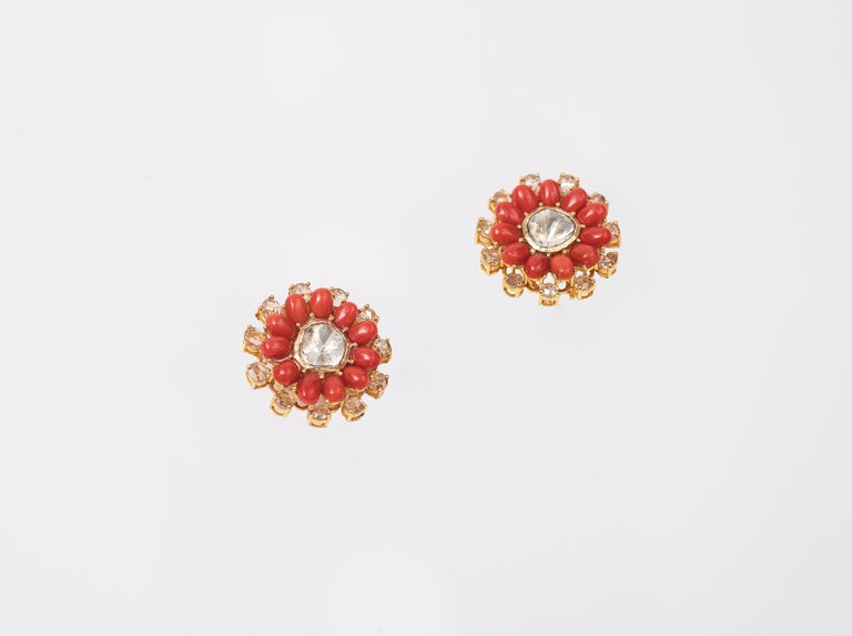 3.20 Cts Flat Cut, Rose Cut Diamonds and Coral Stud Earring in 14k Gold ...