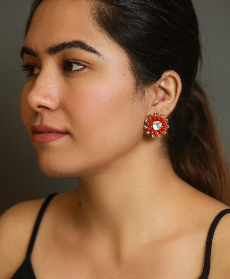 3.20 Cts Flat Cut, Rose Cut Diamonds and Coral Stud Earring in 14k Gold ...