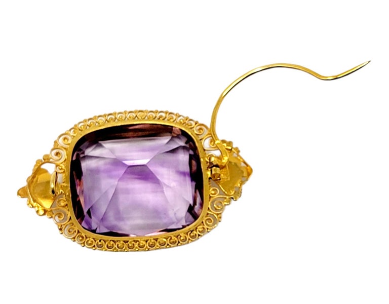 32.06 Carat Cushion Cut Amethyst Solitaire Brooch in 14 Karat Yellow ...