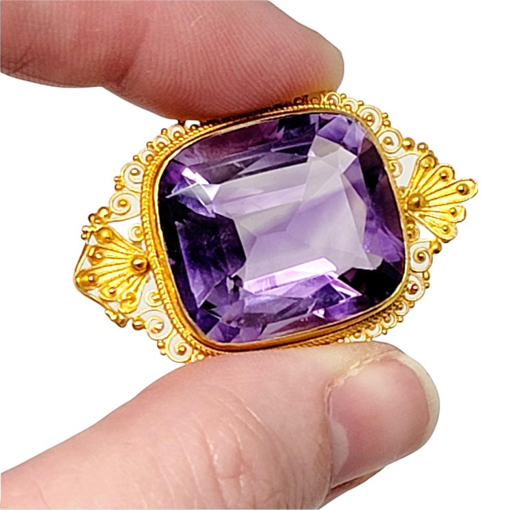 32.06 Carat Cushion Cut Amethyst Solitaire Brooch in 14 Karat Yellow ...