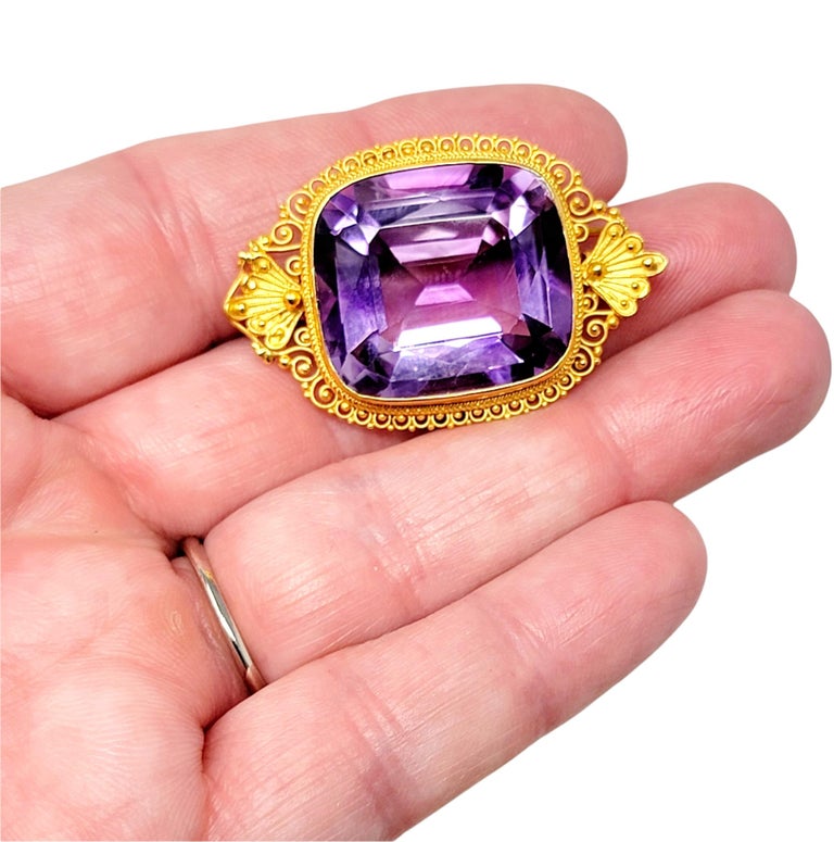 32.06 Carat Cushion Cut Amethyst Solitaire Brooch in 14 Karat Yellow ...