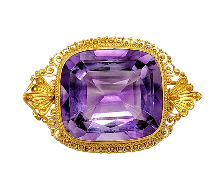 32.06 Carat Cushion Cut Amethyst Solitaire Brooch in 14 Karat Yellow ...