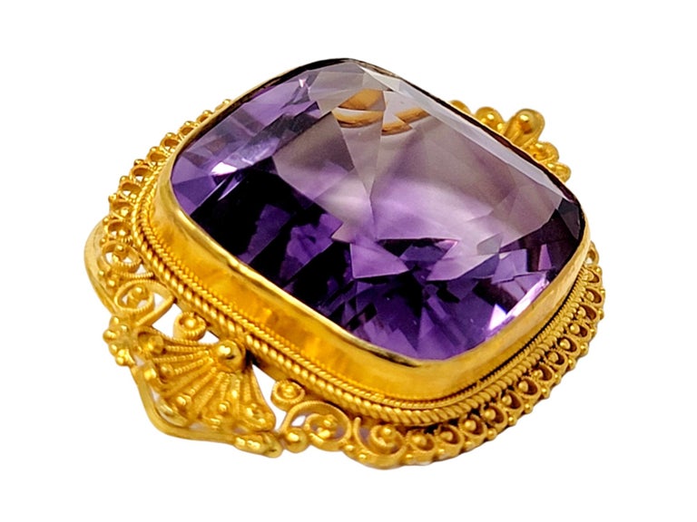 32.06 Carat Cushion Cut Amethyst Solitaire Brooch in 14 Karat Yellow ...