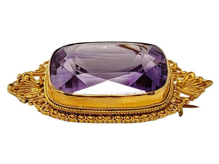 32.06 Carat Cushion Cut Amethyst Solitaire Brooch in 14 Karat Yellow ...