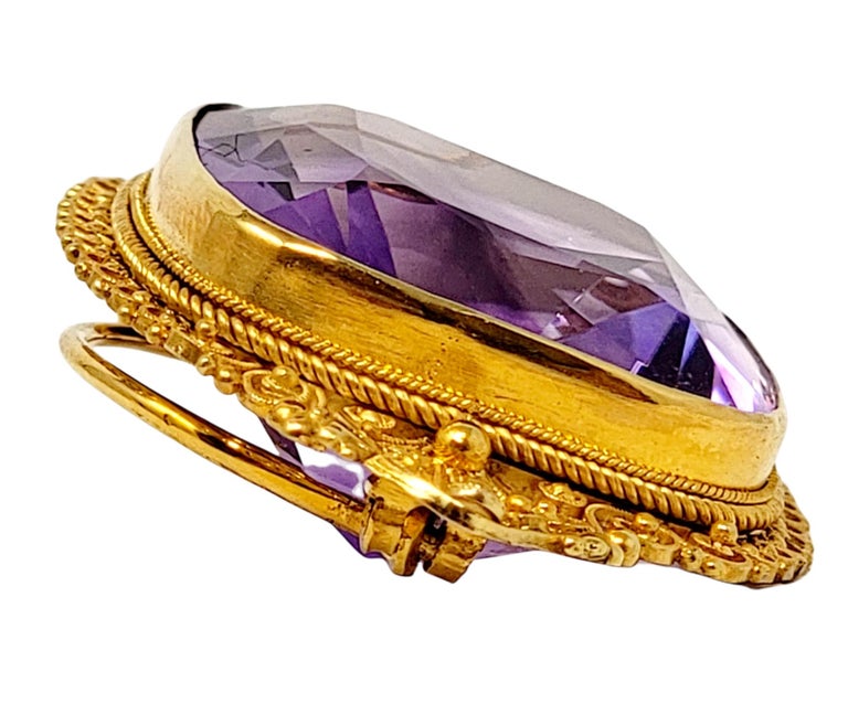 32.06 Carat Cushion Cut Amethyst Solitaire Brooch in 14 Karat Yellow ...