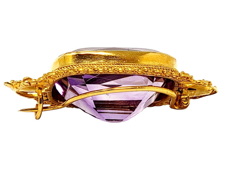 32.06 Carat Cushion Cut Amethyst Solitaire Brooch in 14 Karat Yellow ...