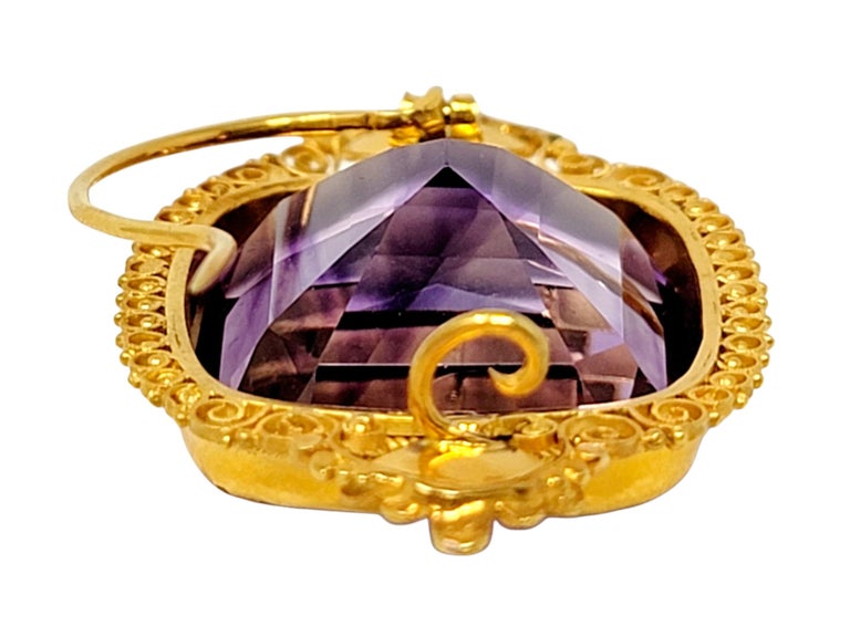 32.06 Carat Cushion Cut Amethyst Solitaire Brooch in 14 Karat Yellow ...