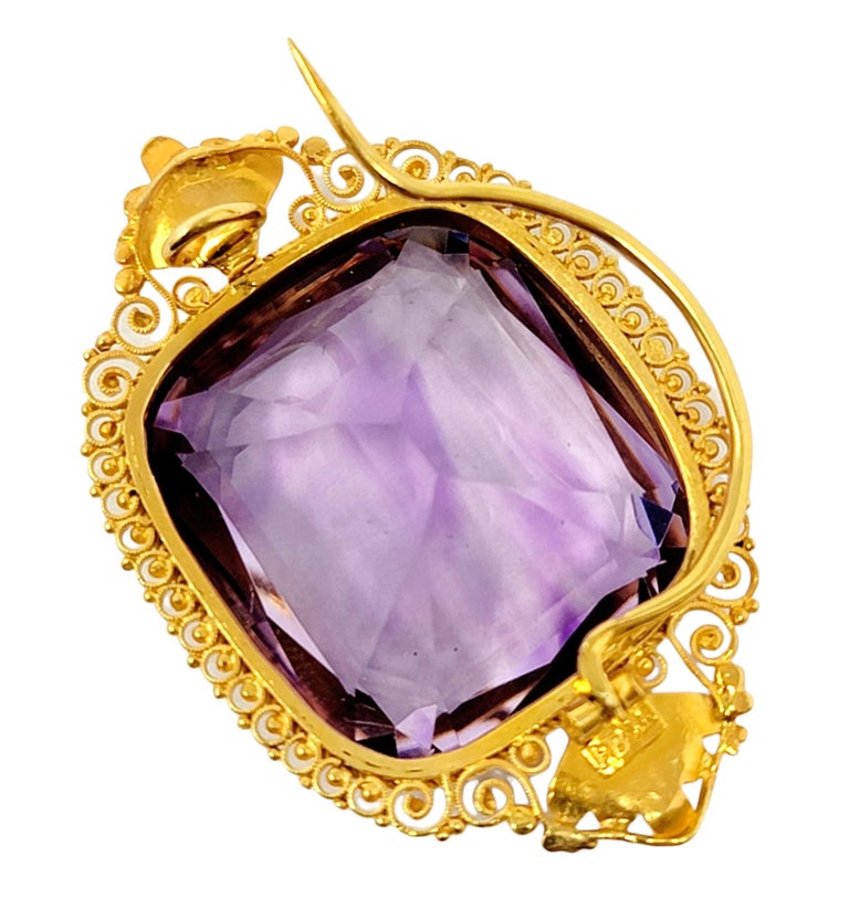 32.06 Carat Cushion Cut Amethyst Solitaire Brooch in 14 Karat Yellow ...