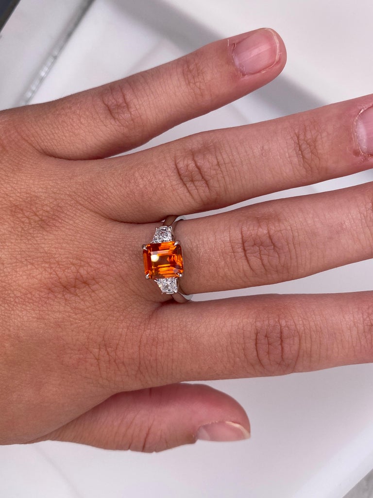 3.21 Carat Emerald Cut Orange Sapphire and Diamond Ring For Sale at 1stDibs | orange emerald