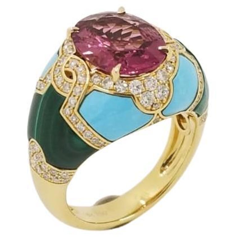 3.24 Carat Rubellite Turquoise Malachite Diamond Cocktail Ring in 18 ...