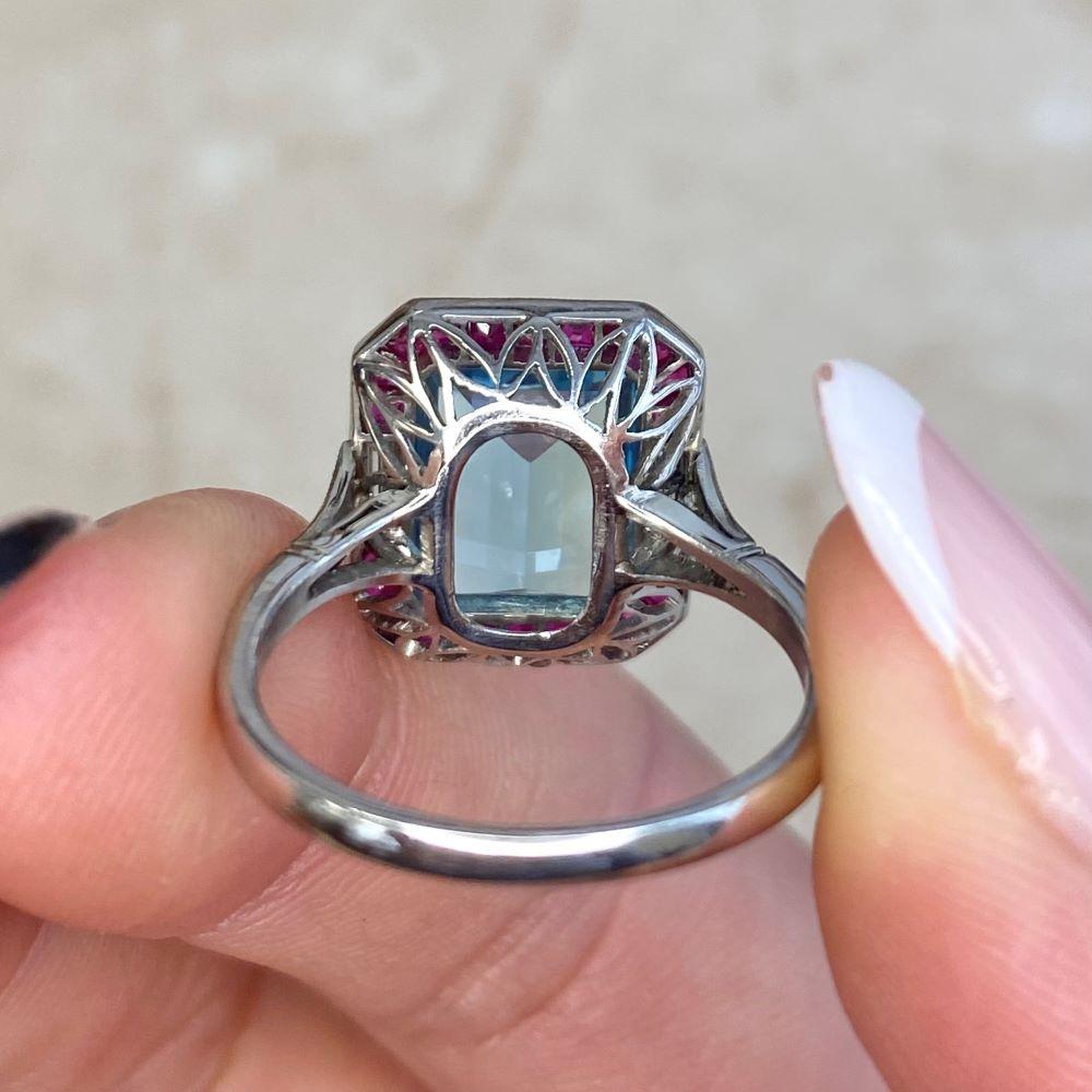 3.25ct Emerald Cut Aquamarine Cocktail Ring, Ruby Halo, Platinum For ...