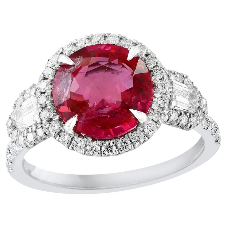 3.28 Carat Round Cut Ruby and Diamond 3 Stone Halo Ring in Platinum For ...