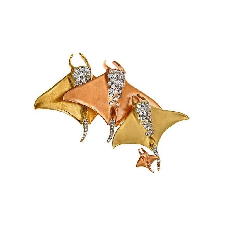 3.2ct. White Diamonds 18k Yellow Rose and White Gold MANTA RAY FAMILY ...