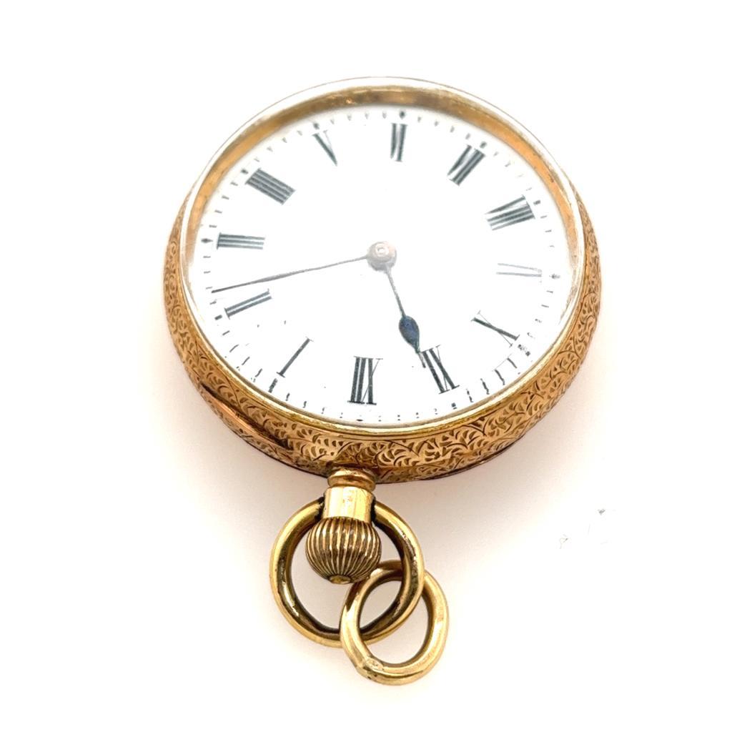 32mm Open Face 14ct Gold Pocket Watch, Fully Hand Engraved Back Plate ...