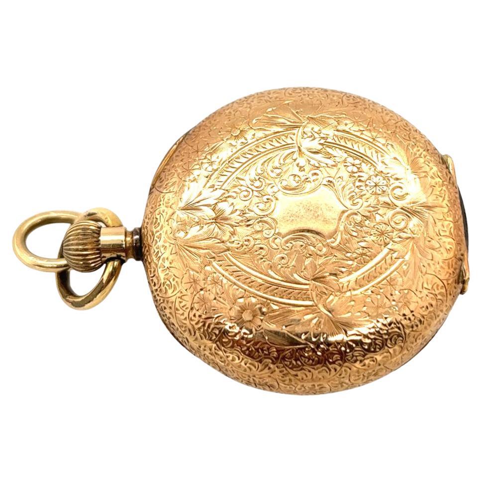 32mm Open Face 14ct Gold Pocket Watch, Fully Hand Engraved Back Plate ...