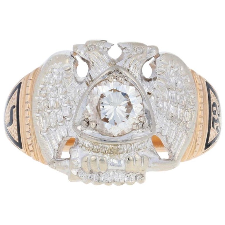 32nd Degree Scottish Rite Diamond Ring, 14 Karat Gold Enamel Masonic ...