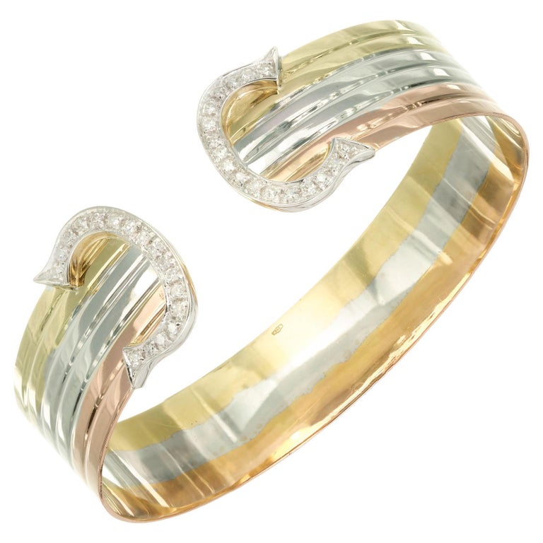 .33 Carat Diamond Tri Color Gold Double C Cuff Bracelet For Sale at 1stDibs
