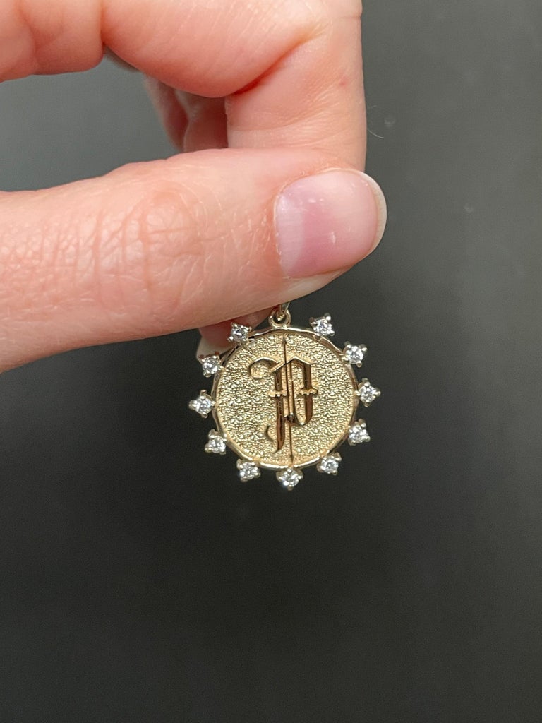 Contemporary Art Deco Gothic Diamond 14k Gold Initial Pendant Medallion For Sale at 1stDibs