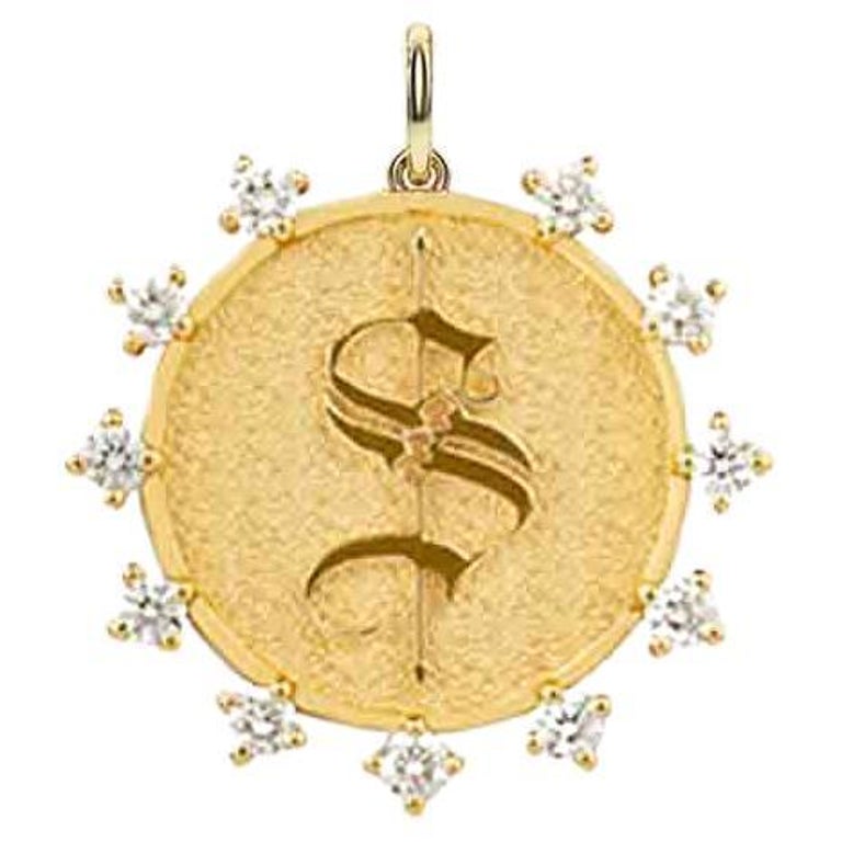 Contemporary Art Deco Gothic Diamond 14k Gold Initial Pendant Medallion ...