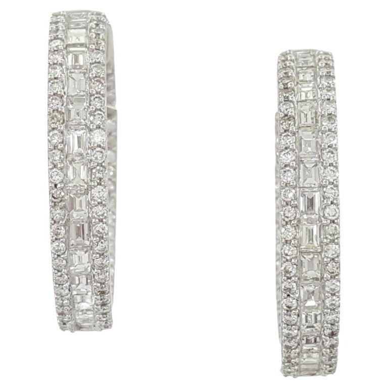 3.30 Carat Round and Baguette Cut Diamond Hoop Earrings For Sale at 1stDibs