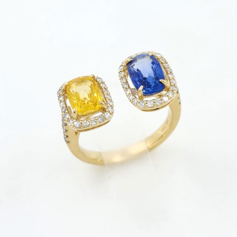 3.30 Carat Yellow and Blue Sapphire Toi Et Moi Ring in 18 Karat Yellow ...