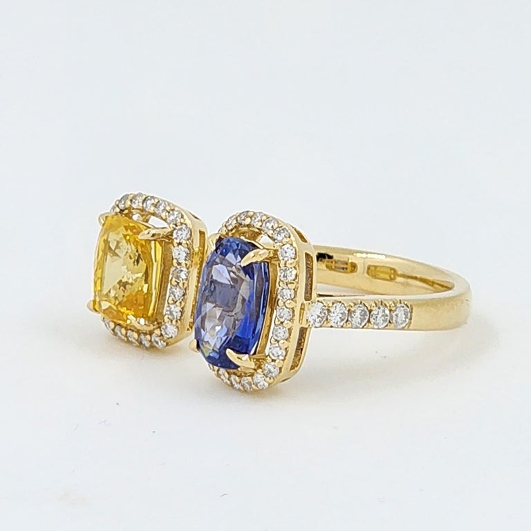 3.30 Carat Yellow and Blue Sapphire Toi Et Moi Ring in 18 Karat Yellow ...
