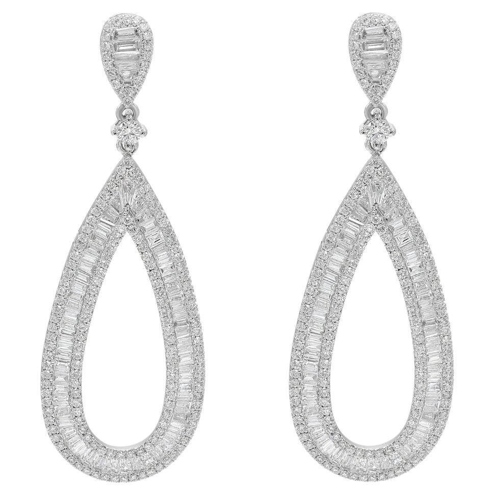 2.59 Carat Baguette and Round Cut Diamond Drop Earrings 18K White Gold ...