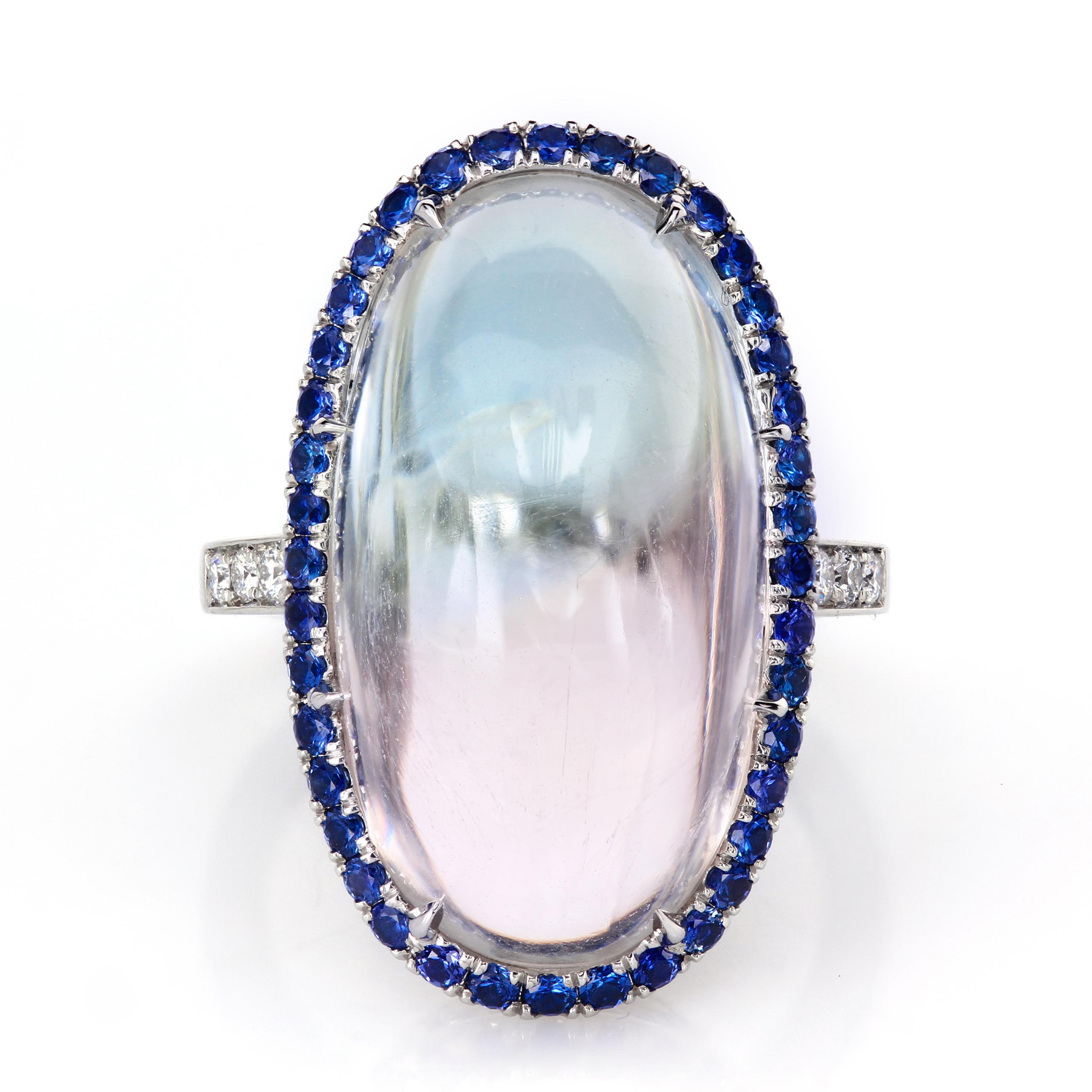 33.3 Carat Bi-Color Cabochon Topaz Platinum Ring Blue Sapphire Pave and ...