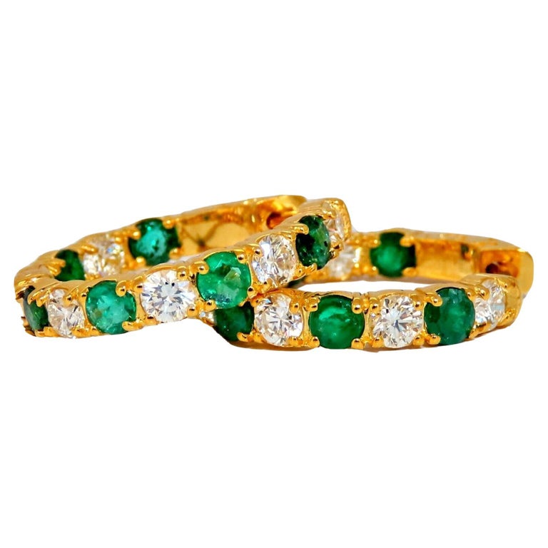 3.34ct Natural Emerald Diamonds Hoop Earrings 14kt Yellow Gold Inside Out For Sale at 1stDibs