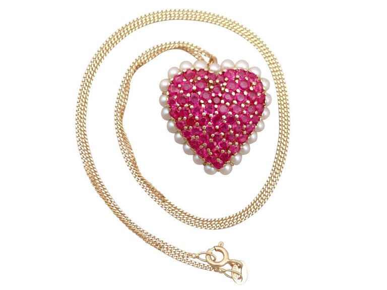 3.36 Carat Ruby and Seed Pearl Yellow Gold Heart Pendant Brooch For ...