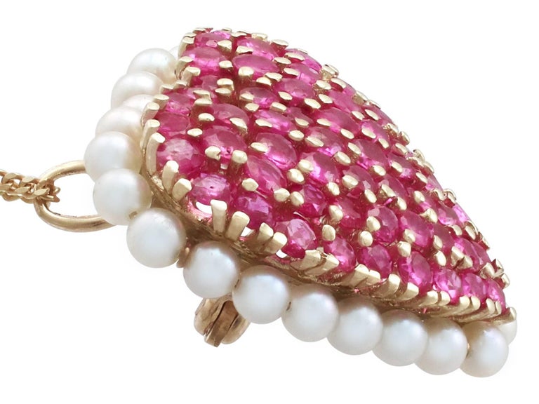 3.36 Carat Ruby and Seed Pearl Yellow Gold Heart Pendant Brooch For ...