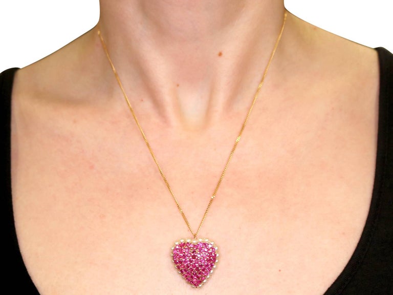 3.36 Carat Ruby and Seed Pearl Yellow Gold Heart Pendant Brooch For ...