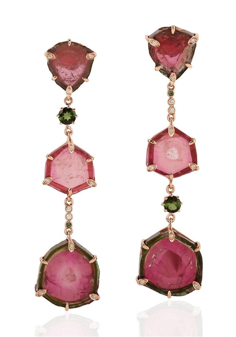 34.06 Tourmaline Melon Diamond 18 Karat Gold Earrings For Sale at 1stDibs